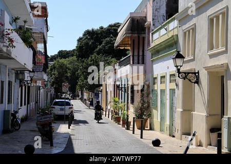 Street with pastel-colored historic architectures in Colonial Zone in ...