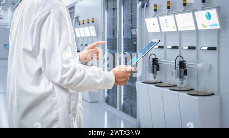 Worker or engineer wears lab coat work in semiconductor manufacturing ...