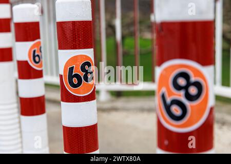 bollard with sticker with the number 68 in the Medienhafen (Media ...