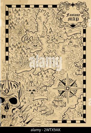 Medieval cartography, old pirate treasure map, vector illustration ...