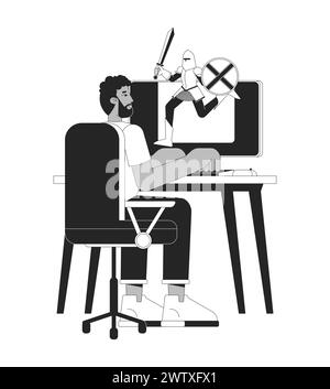 African american man playing realistic videogame 2D linear cartoon ...