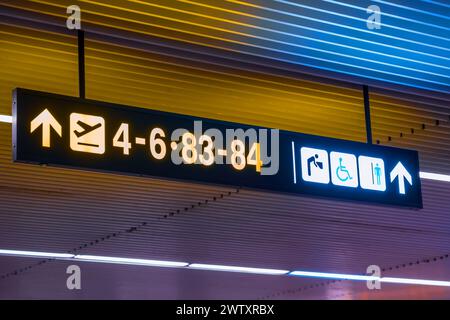 Signs to gate numbers for boarding gates inside the airport terminal ...