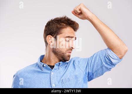 Man, smell armpit and bad hygiene, body odor with stink and sweat stain ...