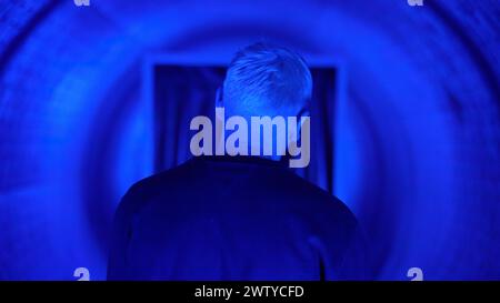 Visualization of how man with claustrophobia feels anxiety in a small ...