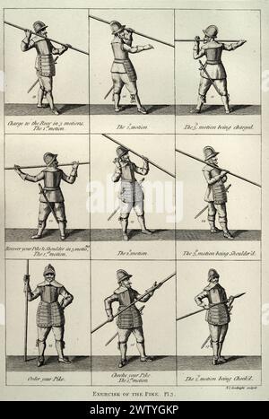 Vintage illustration, English soldier, Pikeman, Exercise with the Pike ...