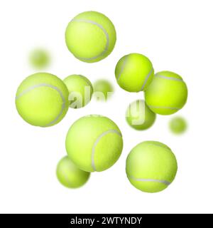 Many tennis balls falling on white background Stock Photo - Alamy