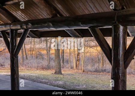 Rustic picnic shelter build in the 1930s by the CCC in Pilot Knob State ...