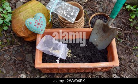 Planting pots made of clay or cardboard. A shovel, seed bags, a heart ...