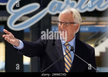 Chairman of the Dodgers Mark Walter speaks during an event in the East ...