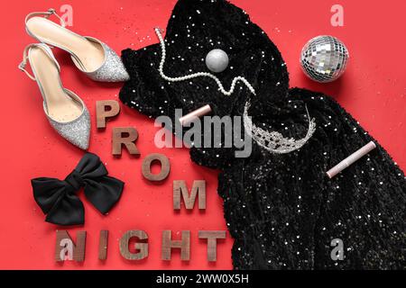 Words PROM NIGHT with black dress, crown and disco balls on red ...