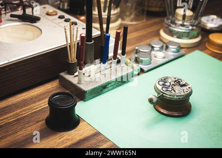 Watchmaker's workbench with all the specialised tools for watch repair ...