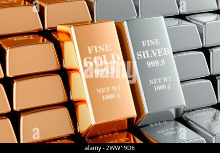 Silver ingots stack background. 3D illustration Stock Photo - Alamy