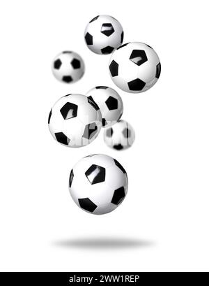 Many soccer balls falling on white background Stock Photo - Alamy