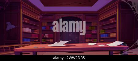 Abandoned public school library with books on broken shelves and ...