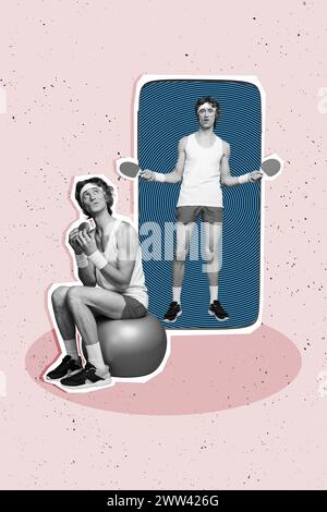 Vertical photo collage of dreamy sportsman wear basketball uniform ...