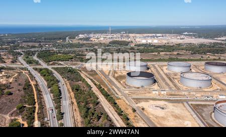 Portugal Sines oil terminal storage tanks, aerial view, oil and gas ...