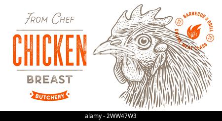 Rooster, chicken, hen head. Vintage retro print, rooster sketch ink ...