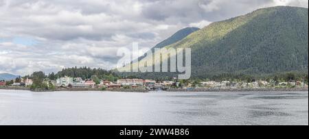 Sitka Sound and Sitka town with cloud topped mountains behind, Alaska ...