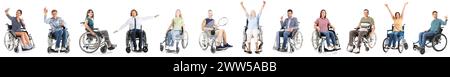 Set of different happy people with disabilities on color background ...