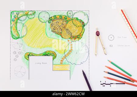 Landscape architect design stone patio in backyard garden plan Stock ...