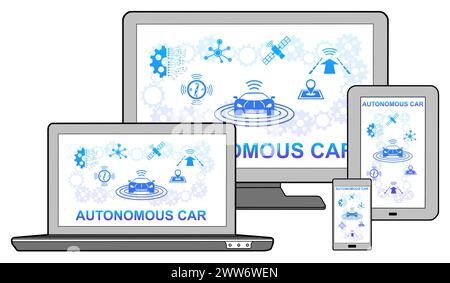 Autonomous car concept on different devices, isolated on white Stock ...