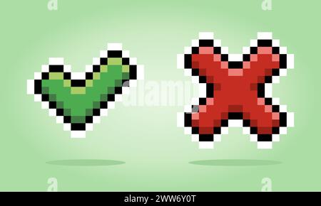 Pixel 8-bit check mark and cross mark. Tick and cross sign vector Stock ...
