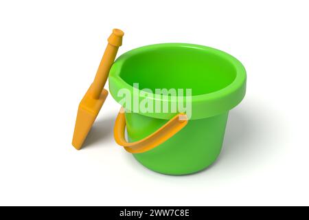 Green sand bucket with orange shovel grip Stock Photo - Alamy