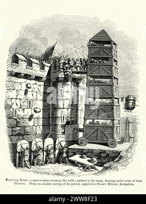 Vintage engraving of medieval knights using a Battering Ram. A ...