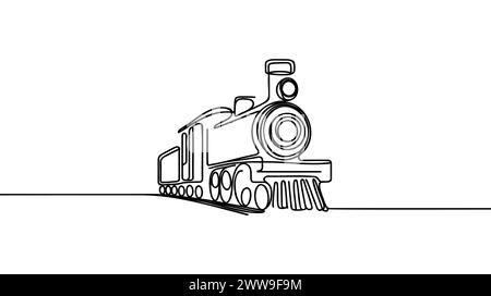 Single continuous line drawing of a locomotive train with two carriages ...