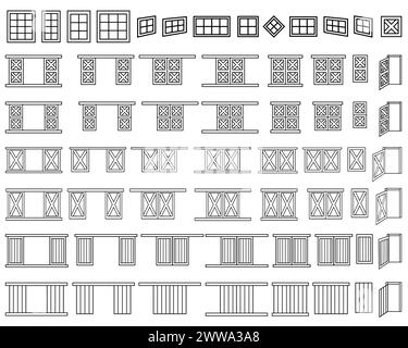 Set of red wooden barn doors. Front view. Elements of farm warehouse ...