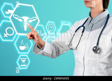 Menopause concept. Doctor touching uterus icon on digital screen ...