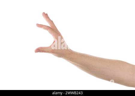 Adult man hand hold something isolated on white background, side view ...