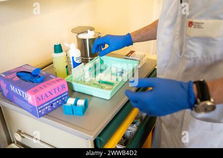 Treatment of varicose veins by foam echosclerotherapy, injection into a ...