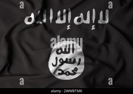 waving fabric flag of isis of the islamic arab state isil of iraq and ...