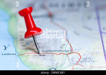 Aus, Namibia pin on map Stock Photo - Alamy