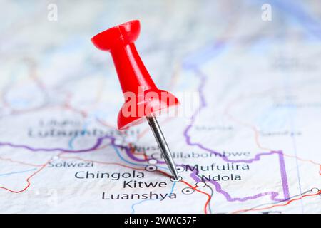 red pin needle into kitwe city of zambia political map Stock Photo - Alamy