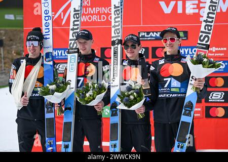 Lovro Kos, Domen Prevc, Timi Zajc, and Anze Lanisek, of Slovenia ...