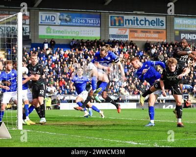 Jamie Grimes of Chesterfield heads in his sides first goal of the match ...