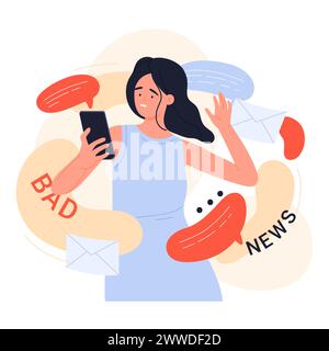 Doomscrolling, psychology problem vector illustration. Cartoon sad man with panic expression ...