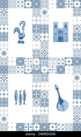 Blue white watercolor azulejo tile border background. Seamless coastal ...