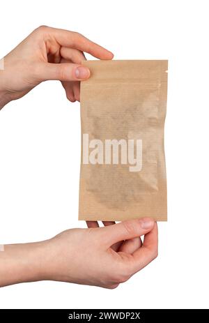 Hand holding ziplock paper bag. Zip-lock pouch, kraft eco package ...