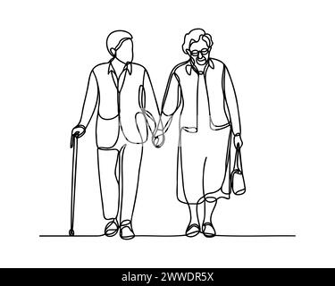 Continuous one line drawing old man and old woman walking Stock Vector ...