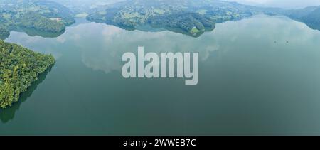 Aerial view of Begnas Lake the third largest lake of Nepal. Wild nature ...