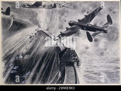 Drawing depicting Lancaster bombers attacking German dams during ...