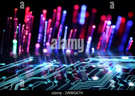 Optical fiber strands and circuit board, double exposure Stock Photo ...