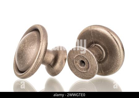 Two metal handles for furniture, macro, isolated on white background ...
