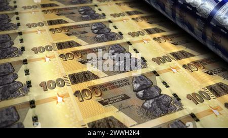 Zimbabwean dollars money printing 3d illustration. 100 ZWL banknote ...