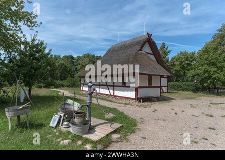 Thatched half-timbered barn from the 19th century, open-air museum for ...