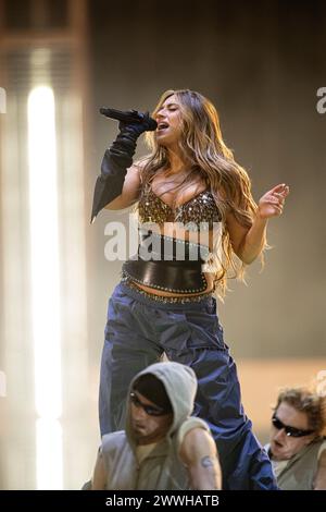 Tate McRae performing live at the 2024 BRIT awards ceremony, O2 Arena ...