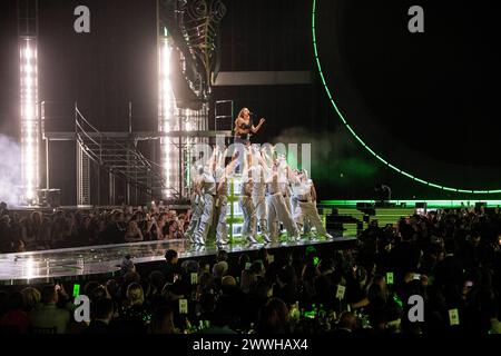 Tate McRae performing live at the 2024 BRIT awards ceremony, O2 Arena ...